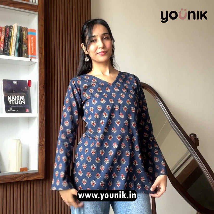 Navy Blue Floral Block Print Pure Cotton Short Kurti – YOUNIK