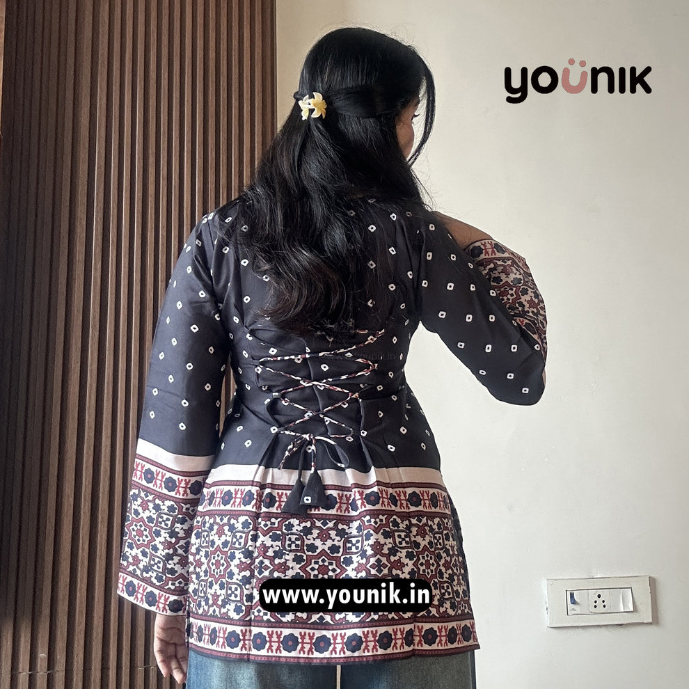 Black Bandhni Printed Corset Back Bell Sleeve Short Kurti – YOUNIK
